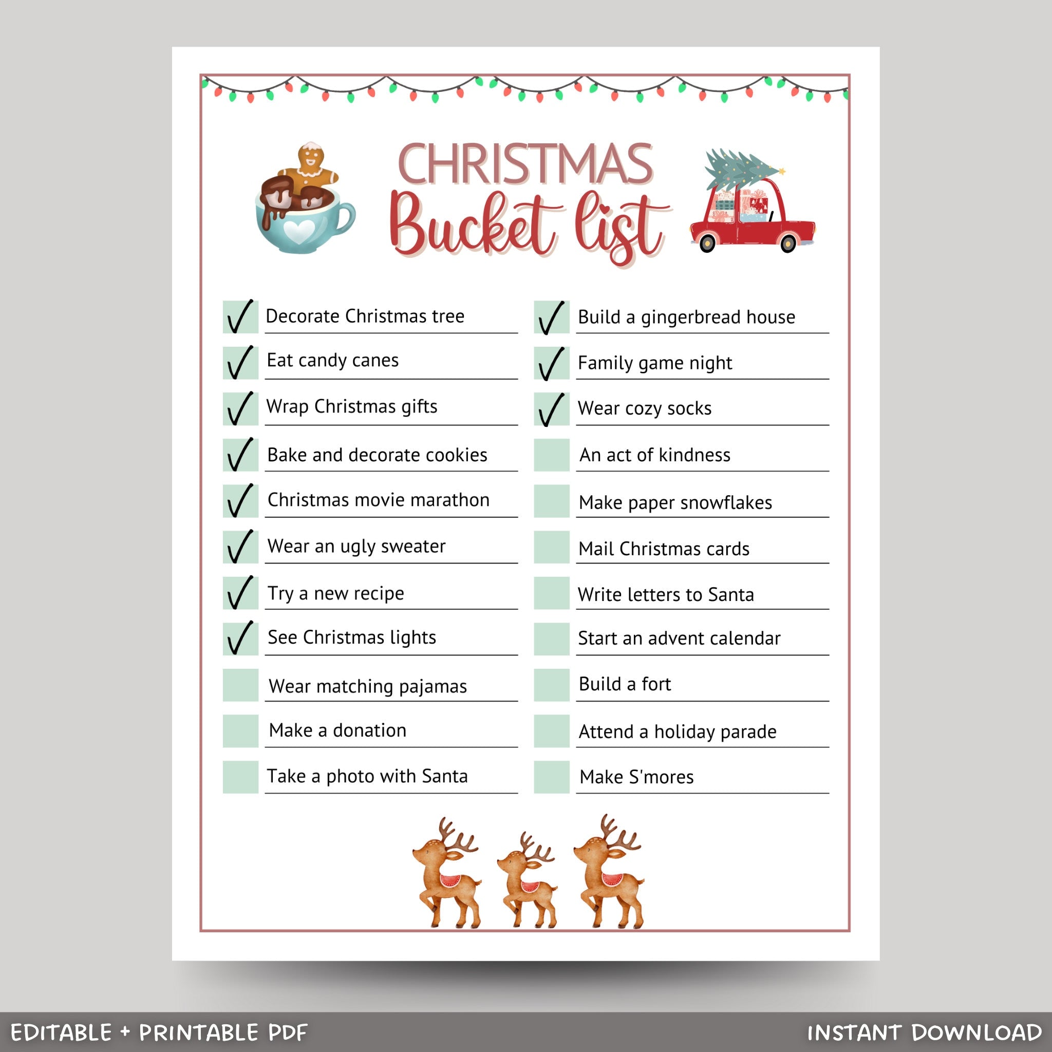 Christmas Bucket List Editable & Printable, Xmas Holiday Family Activi ...