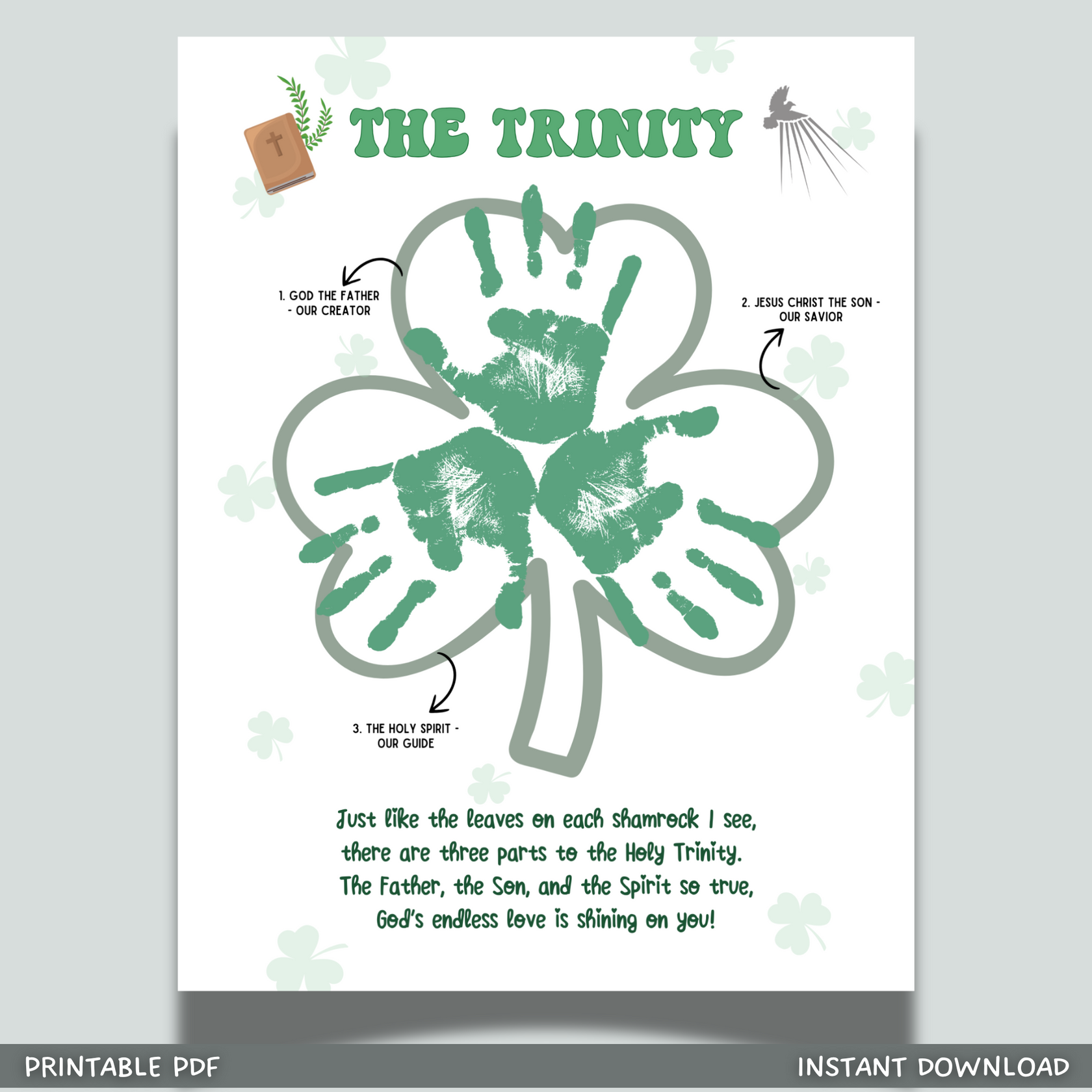 St Patricks Day Holy Trinity Handprint Craft Printable, Shamrock Bible ...
