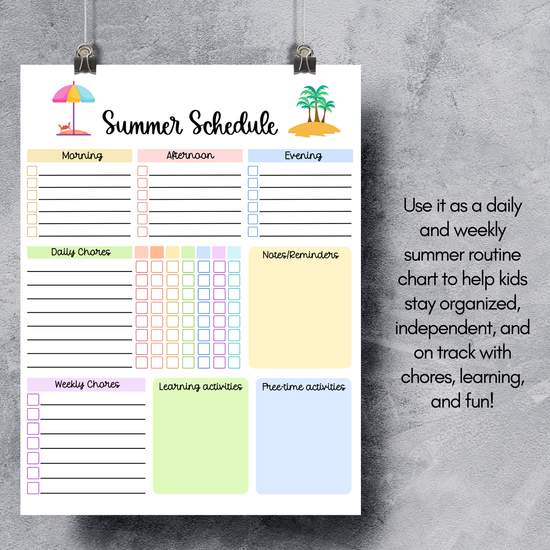 Summer Schedule Routine Chart for Kids Printable Editable Planner ...