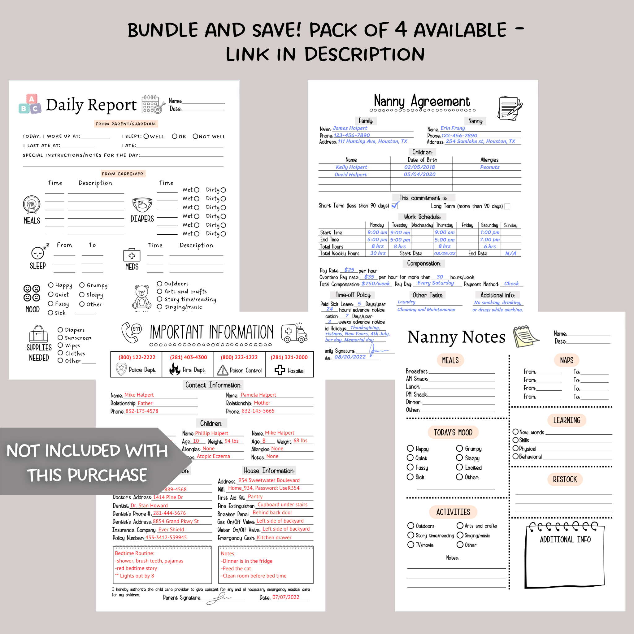 Nanny Notes Printable, Babysitter Information Sheet, Daily Nanny Log ...