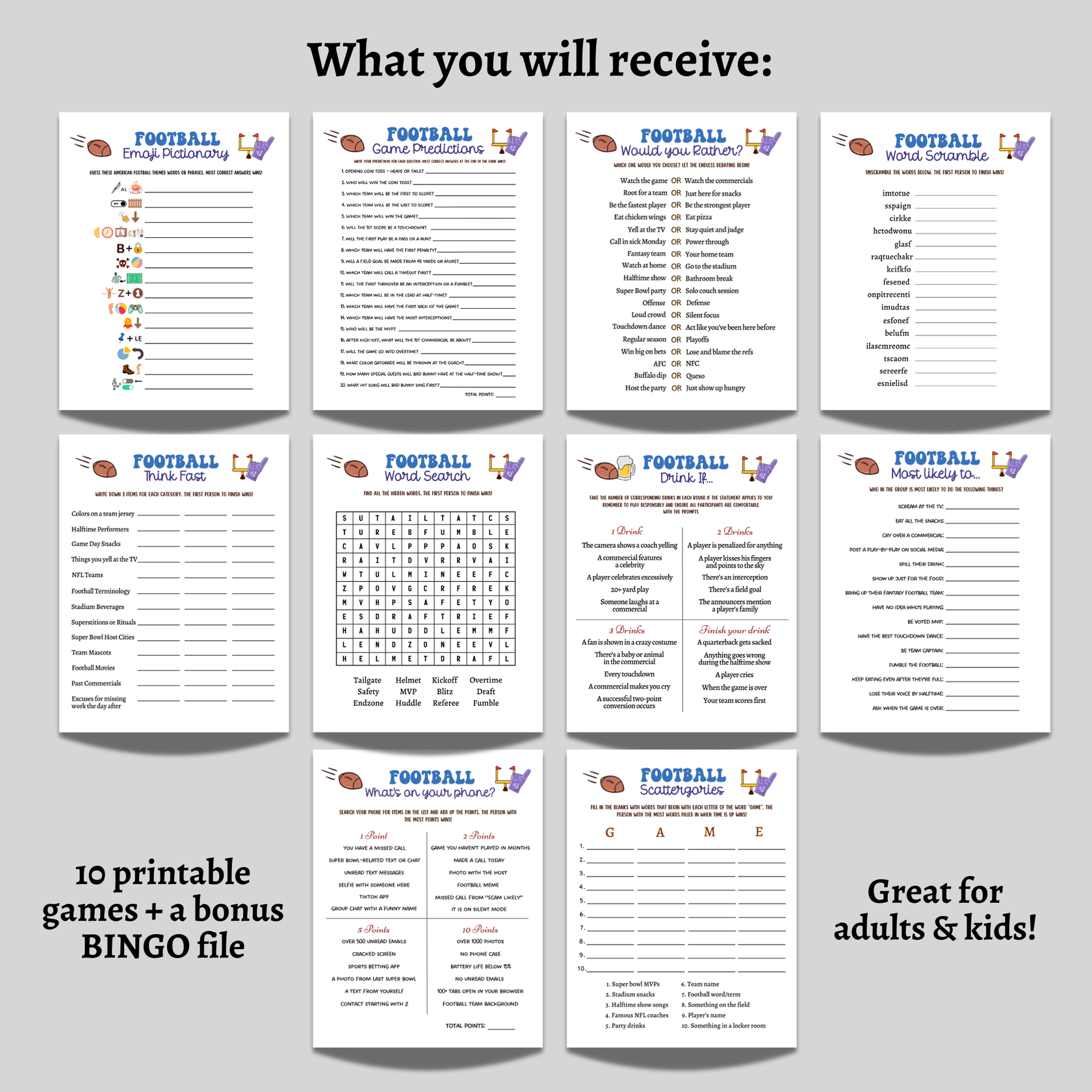 10 Football Party Games Printable 2026 Big Game Activity – Scribbled LLC