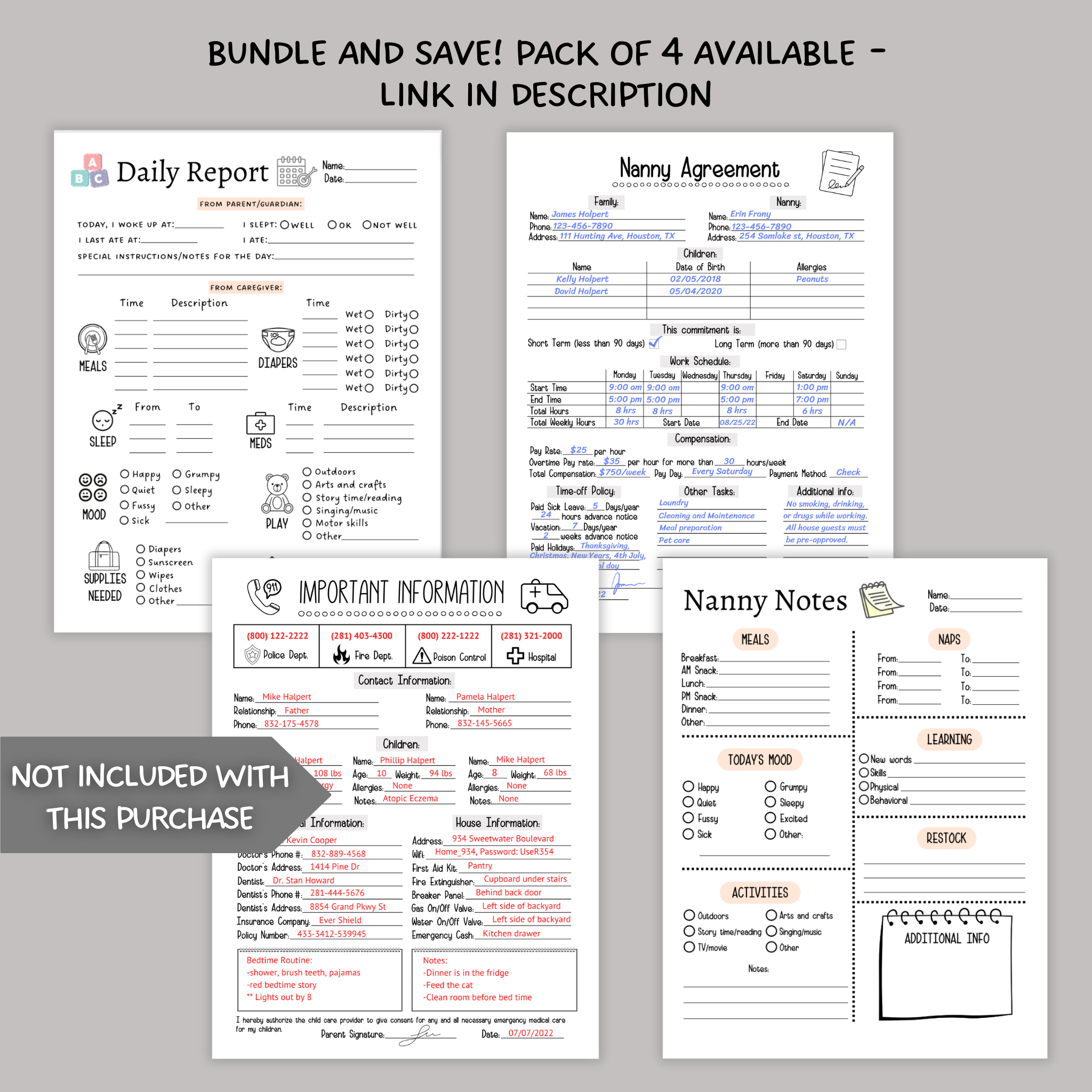 Nanny Notes Printable, Babysitter Information Sheet, Daily Nanny Log ...