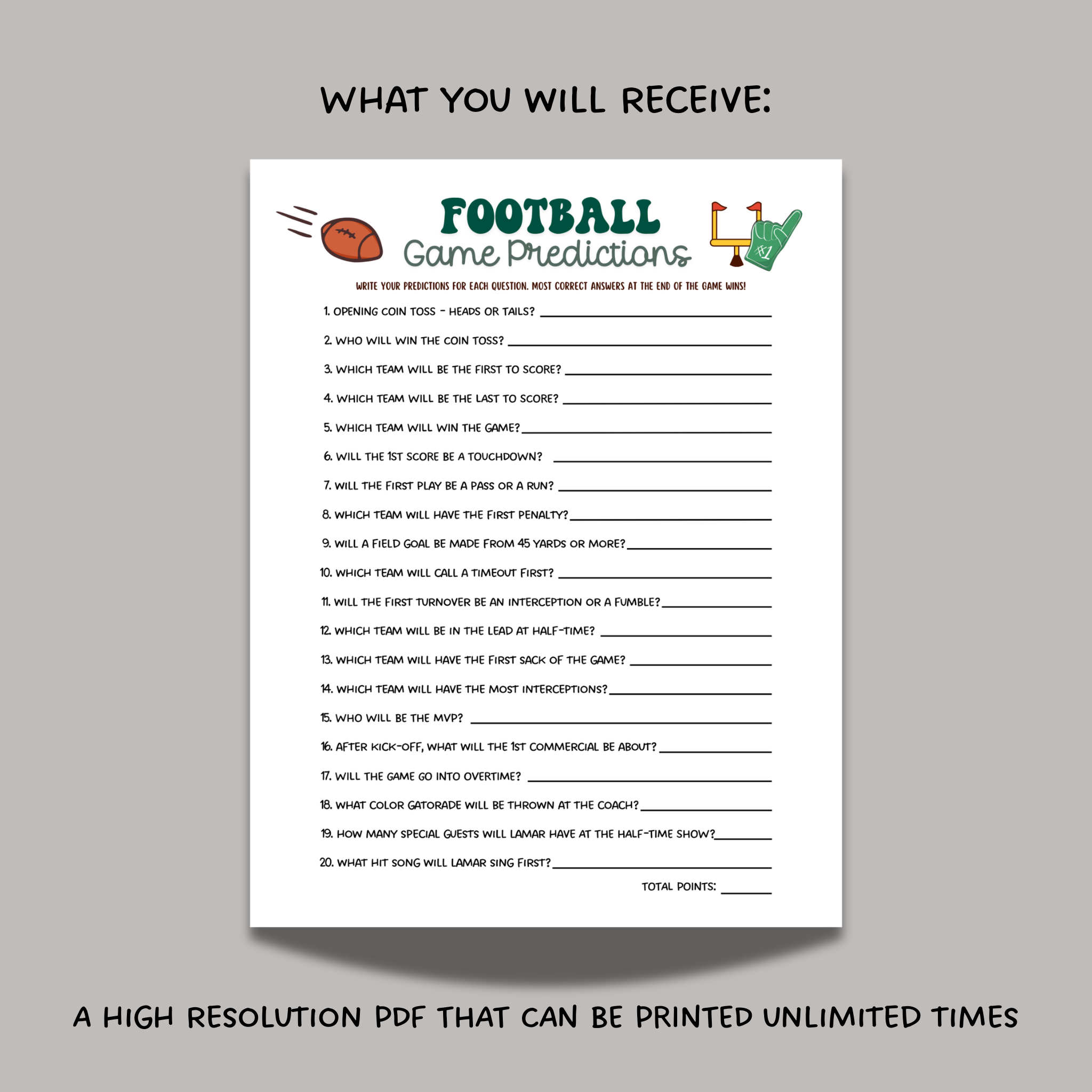 2025 Super Bowl Sunday Predictions 59 Game Printable, Football Party T ...