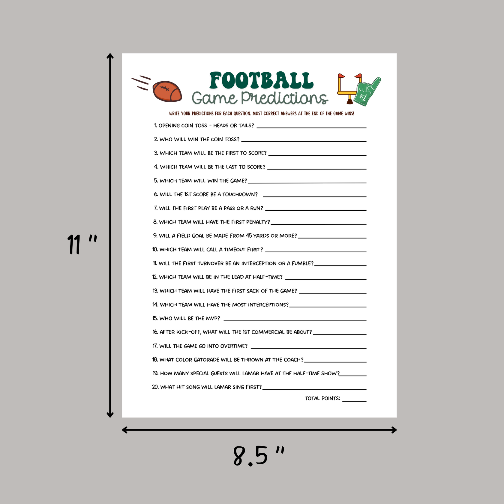 2025 Super Bowl Sunday Predictions 59 Game Printable, Football Party T ...