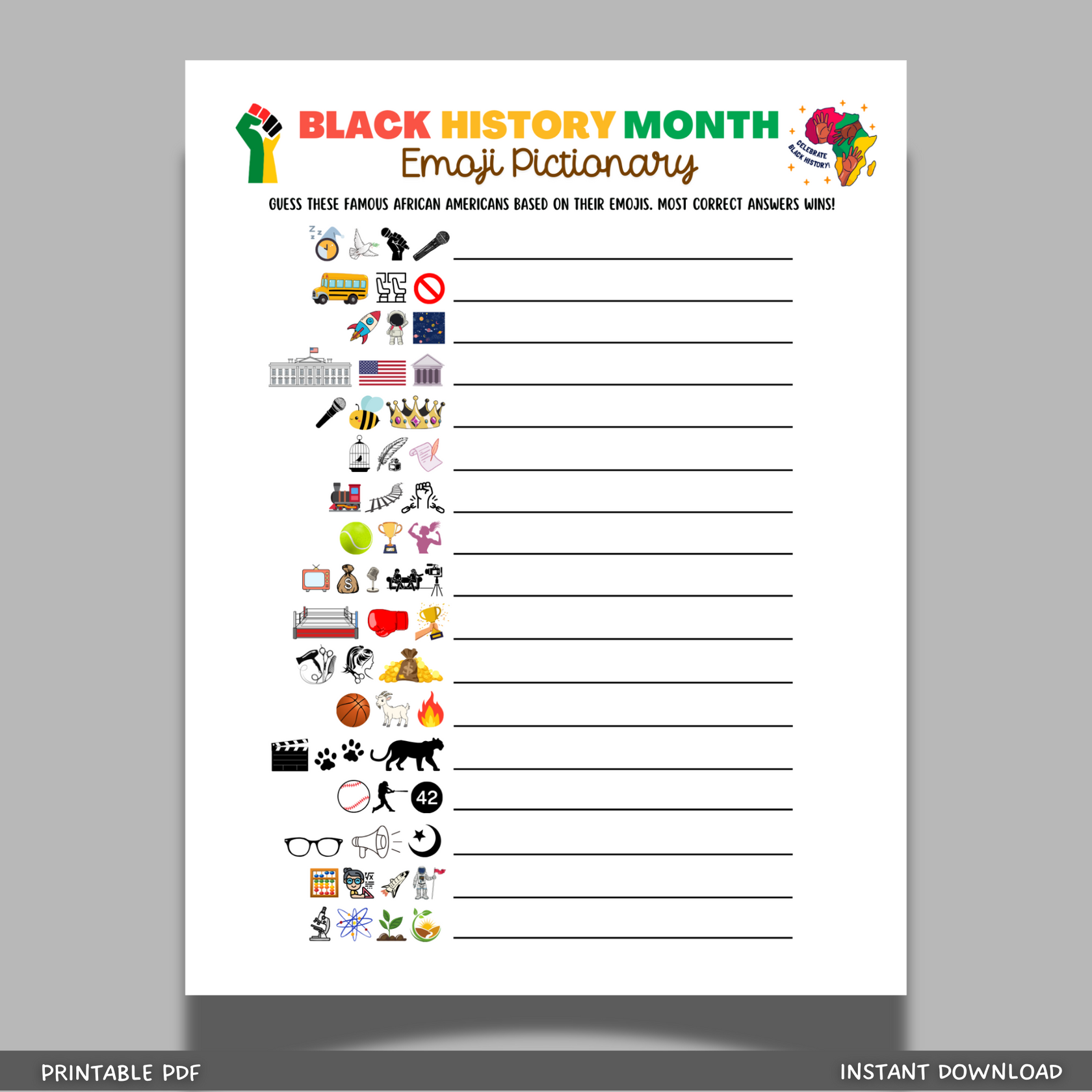 Black History Month Emoji Pictionary Game Printable, Party Activity Id ...