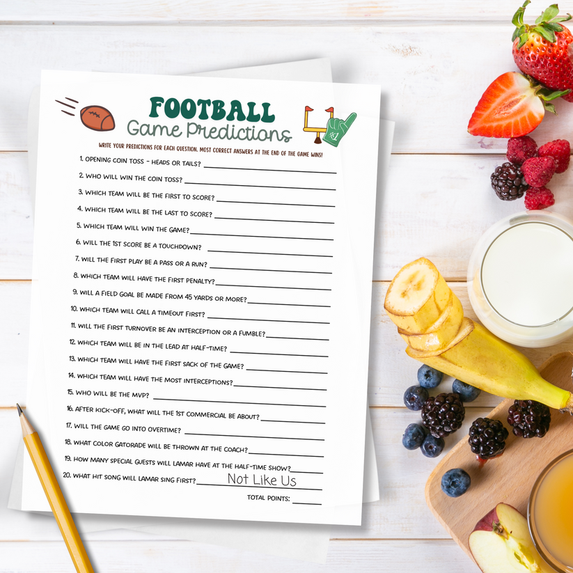 2025 Super Bowl Sunday Predictions 59 Game Printable, Football Party T ...