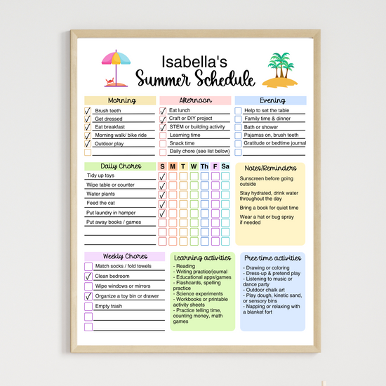 Summer Schedule Routine Chart for Kids Printable Editable Planner ...