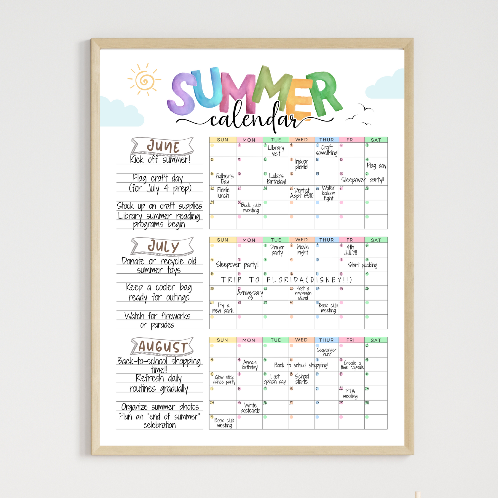 Summer Monthly Calendar Poster Printable, Family Planner Schedule ...