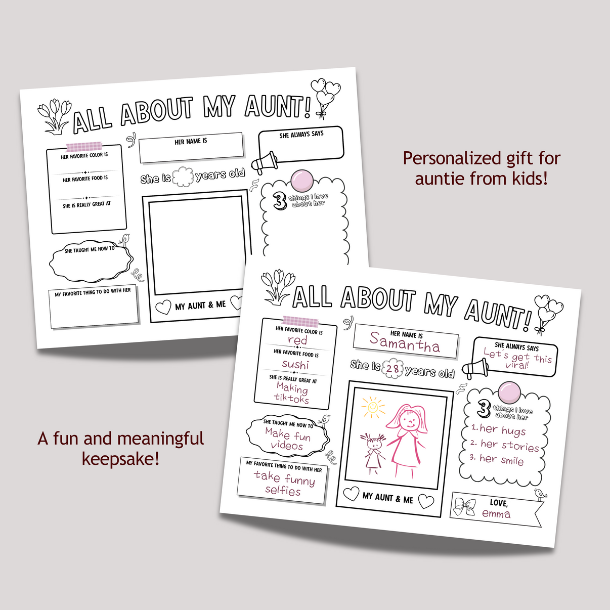 All About My Aunt Survey Printable, DIY Gift for Auntie Aunty Birthday ...