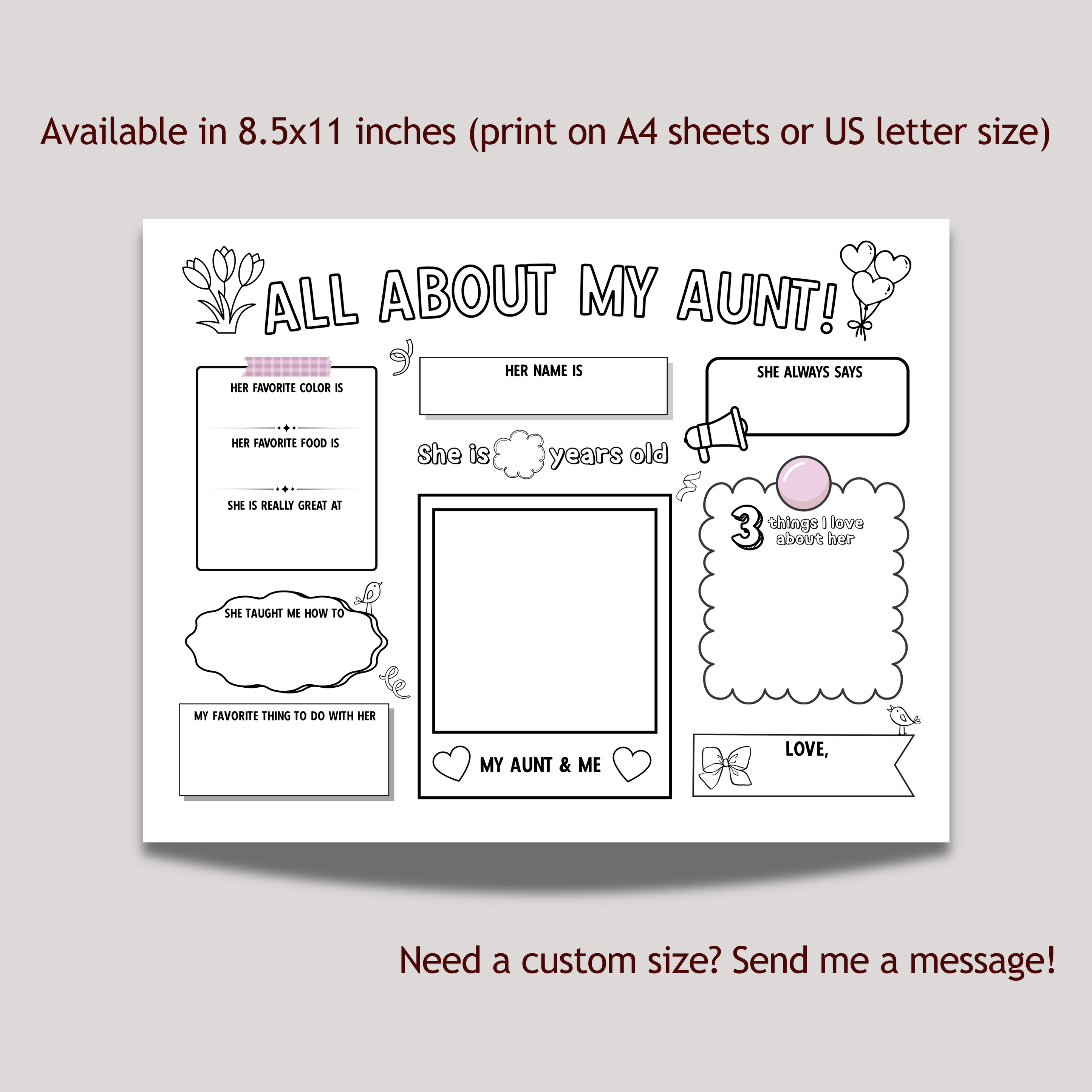 All About My Aunt Survey Printable, DIY Gift for Auntie Aunty Birthday ...
