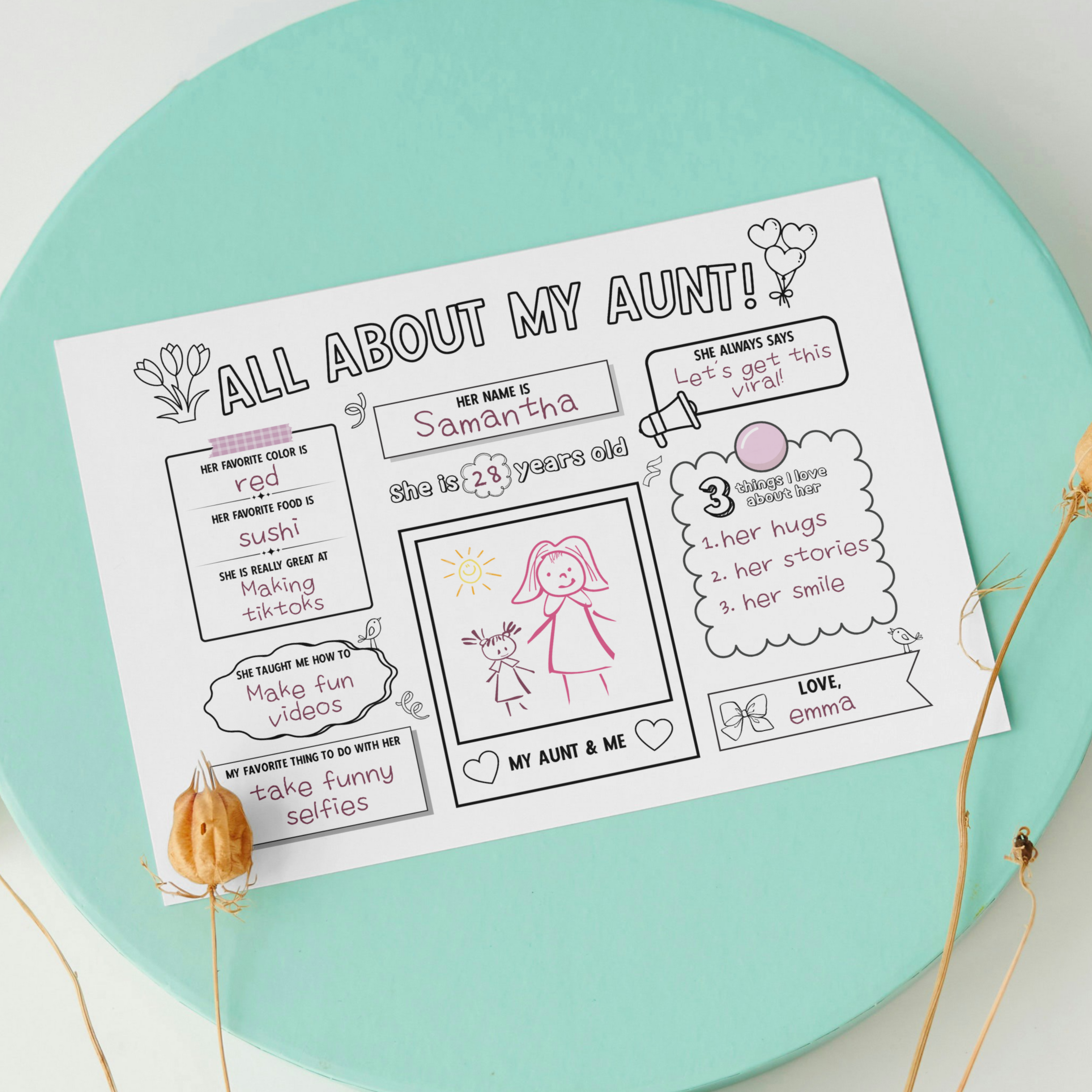 All About My Aunt Survey Printable, DIY Gift for Auntie Aunty Birthday ...