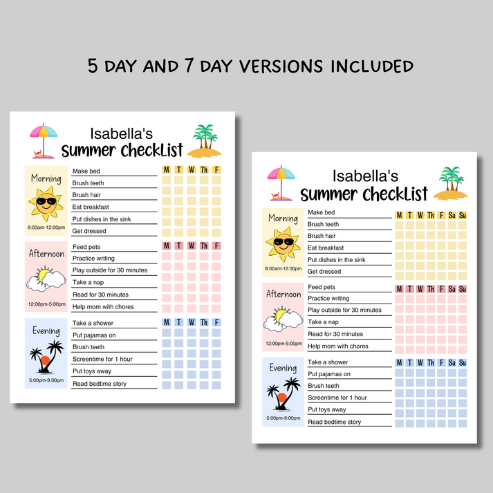 Kids Summer Daily Checklist Schedule Printable, Editable Chore Chart ...