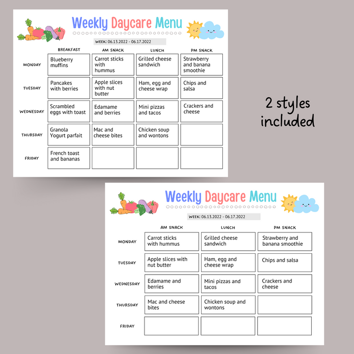 Daycare Weekly Menu Printable, Editable Meal Planner – Scribbled LLC