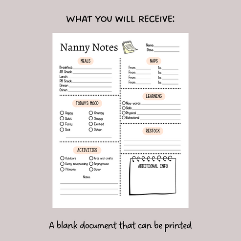 Nanny Notes Printable, Babysitter Information Sheet, Daily Nanny Log ...