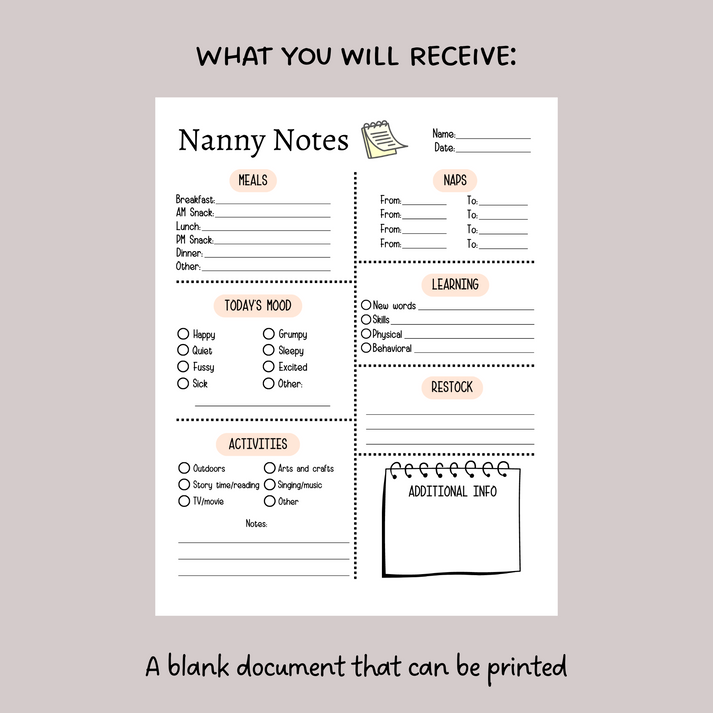Nanny Notes Printable, Babysitter Information Sheet, Daily Nanny Log ...