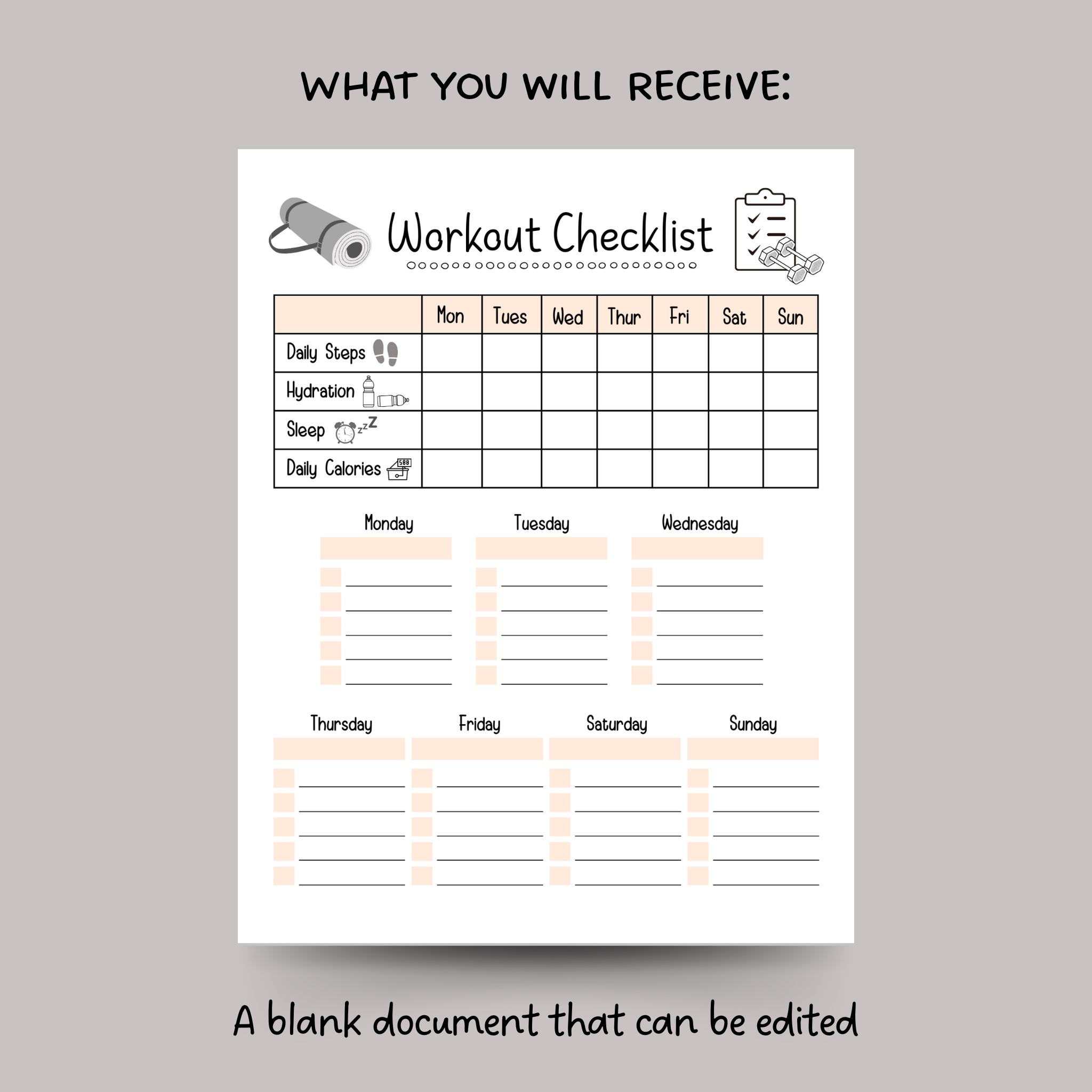 Editable Workout Checklist, Printable Daily Exercise Gym Log Planner ...