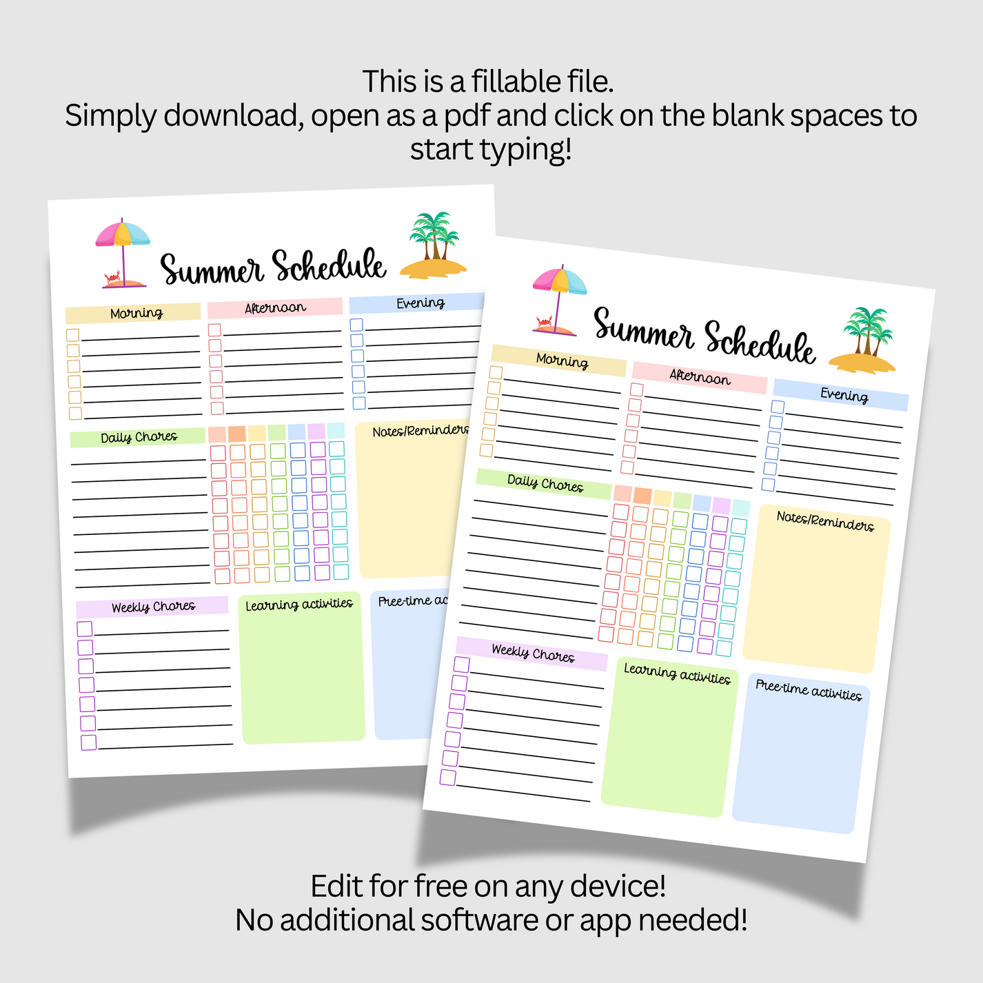 Summer Schedule Routine Chart for Kids Printable Editable Planner ...