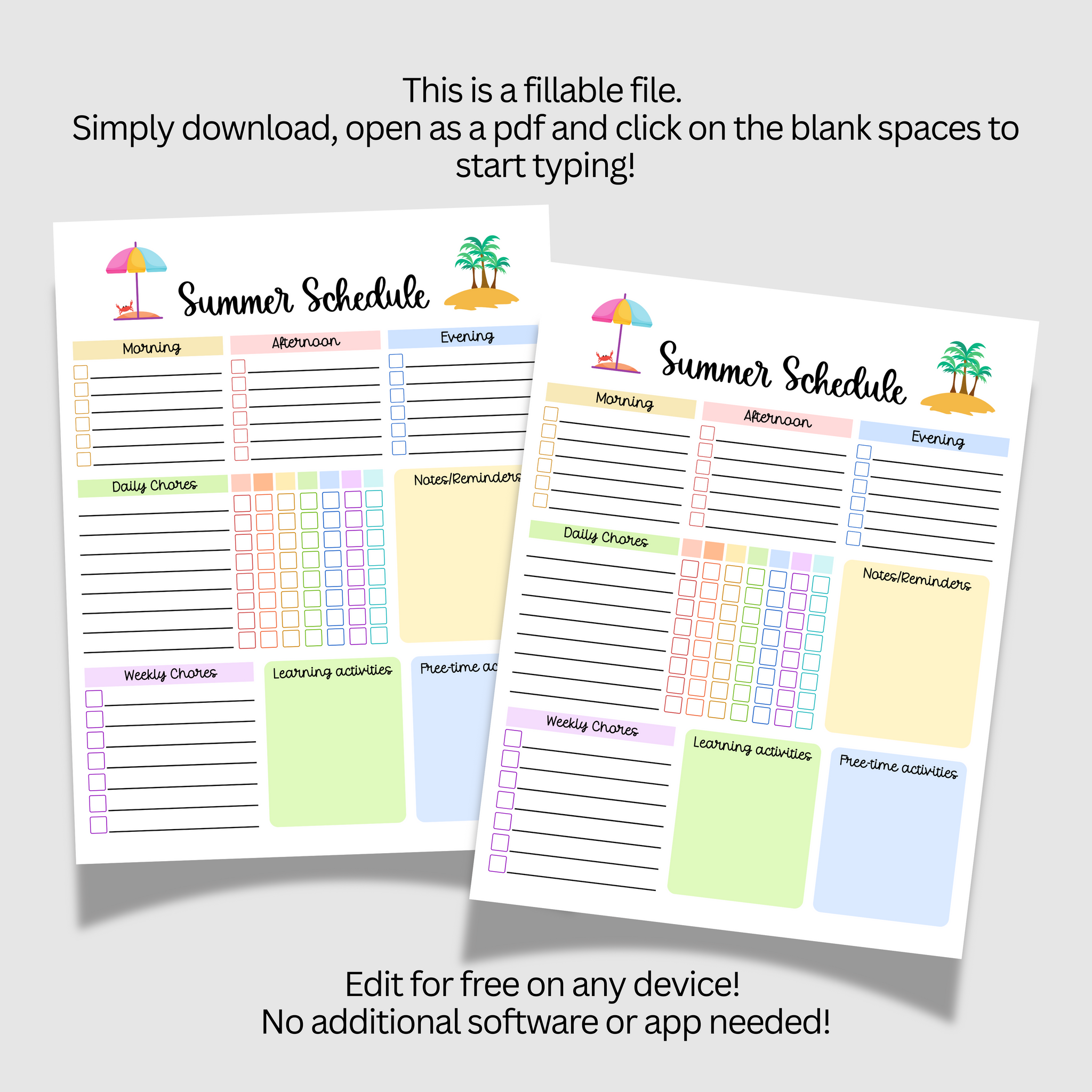 Summer Schedule Routine Chart for Kids Printable Editable Planner ...