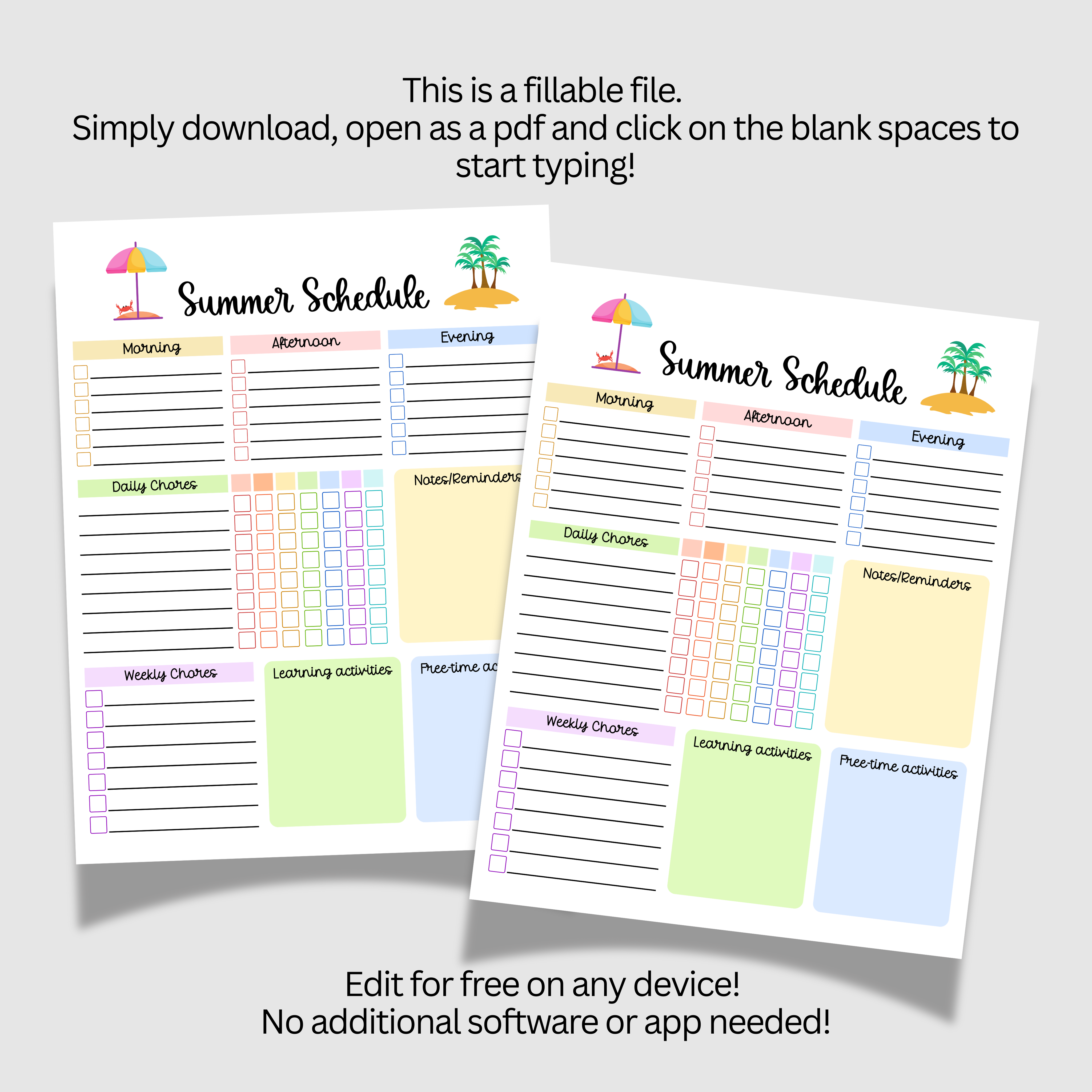Summer Schedule Routine Chart for Kids Printable Editable Planner ...