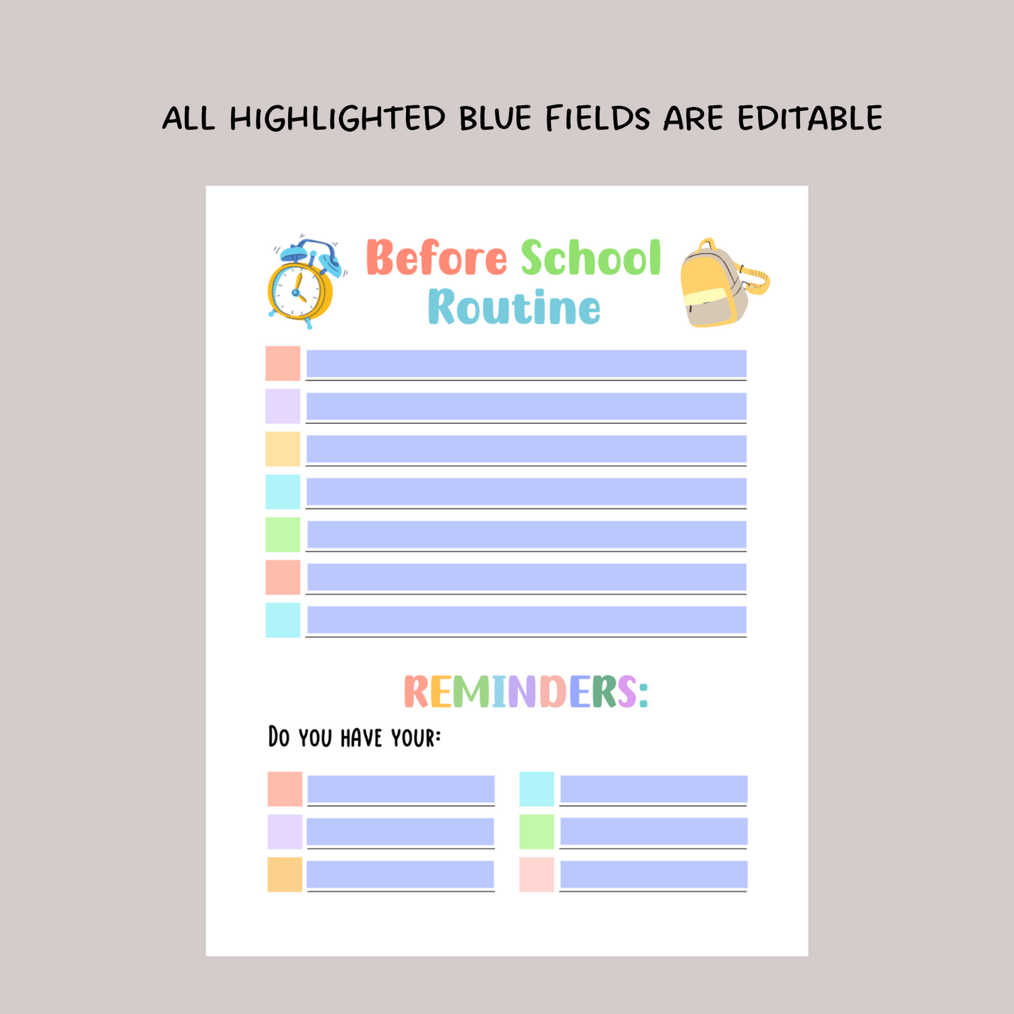 Printable Before School Checklist, Editable Morning Reminders for Kids ...