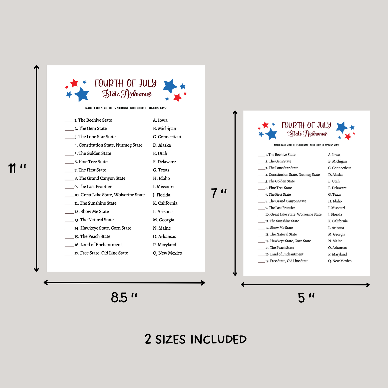 July 4th State Nicknames Game Printable, Family Trivia Activity Adults ...