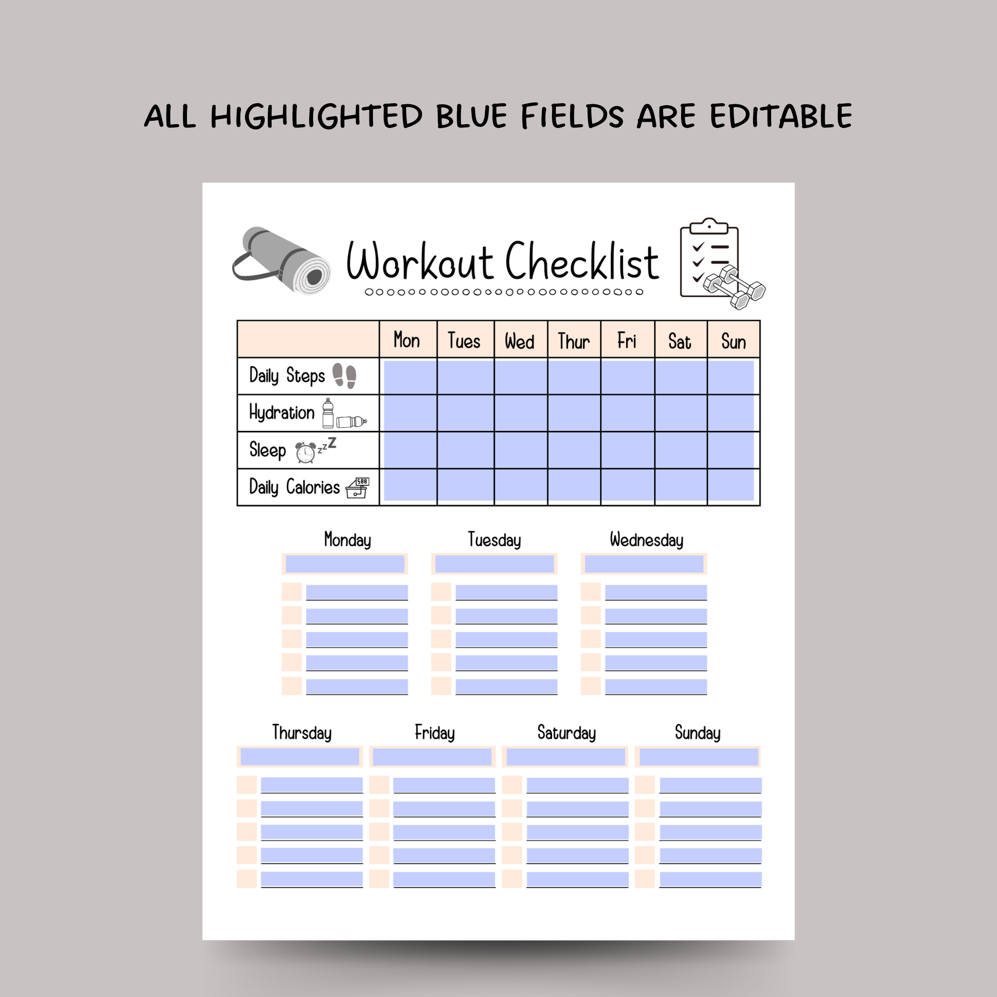Editable Workout Checklist, Printable Daily Exercise Gym Log Planner ...