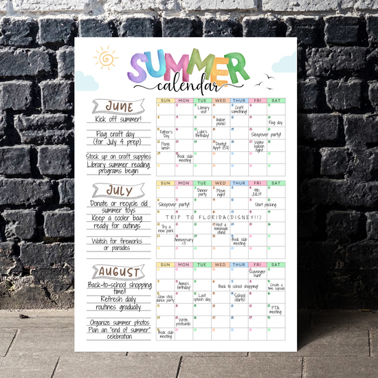 Summer Monthly Calendar Poster Printable, Family Planner Schedule ...