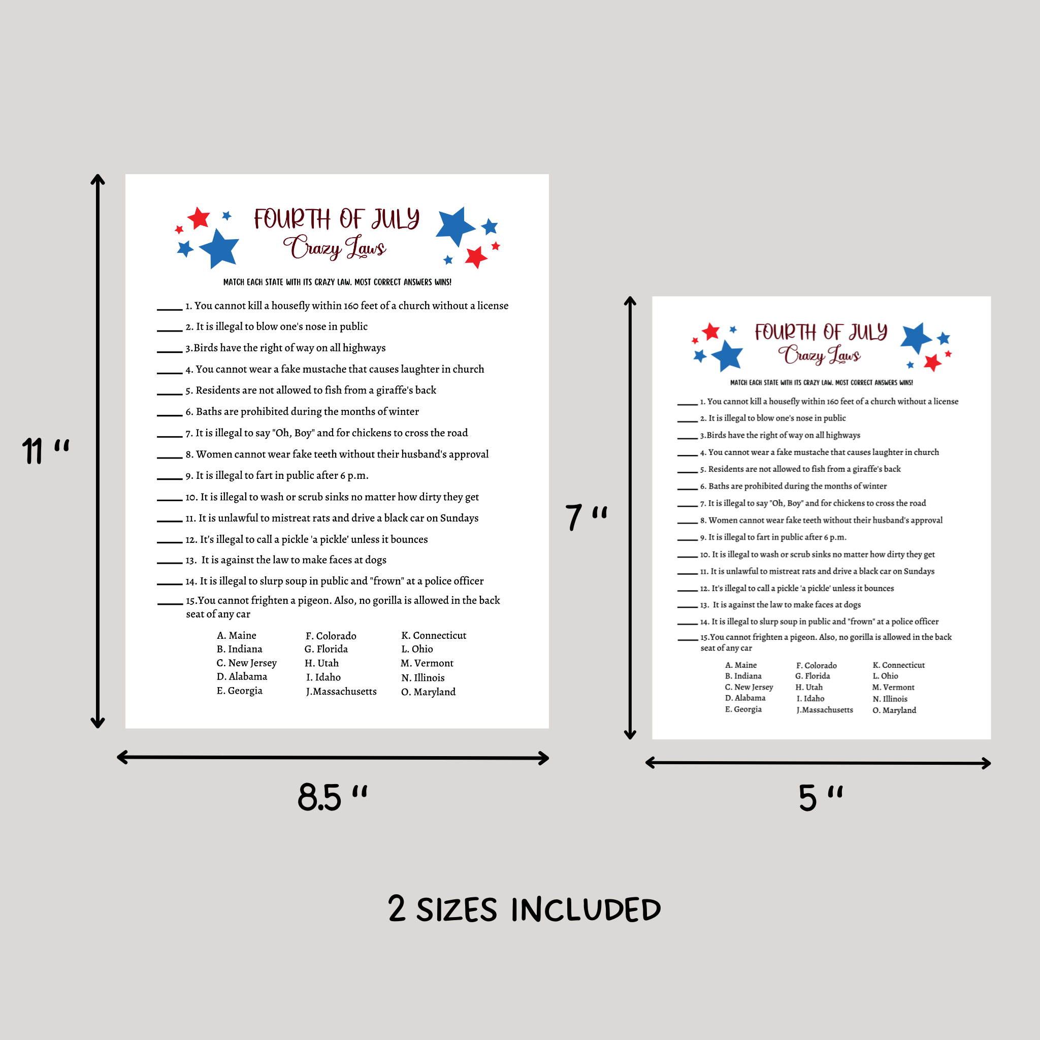 4th of July Crazy Laws Game Printable, Family Trivia Activity Adults ...