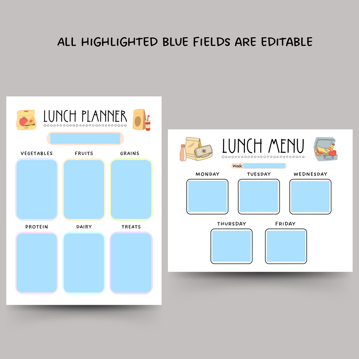 School Lunch Meal Planner Printable, Editable Lunch Menu Kids ...