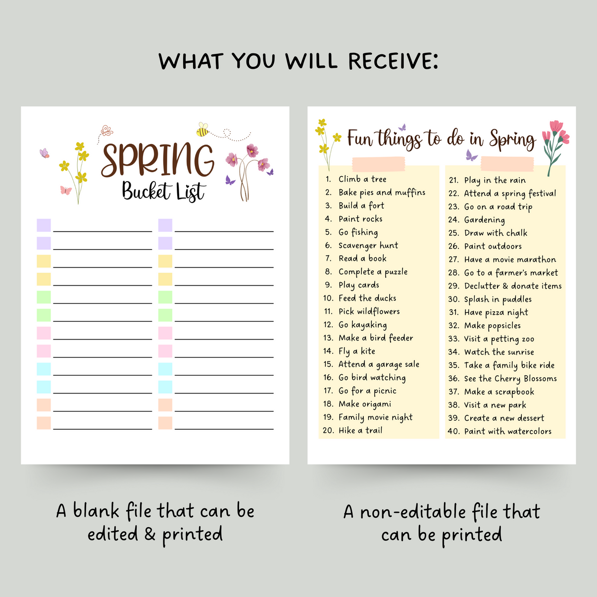 Editable Spring Bucket List, Printable Spring Activities Kids & Adults ...