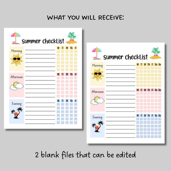 Kids Summer Daily Checklist Schedule Printable, Editable Chore Chart ...