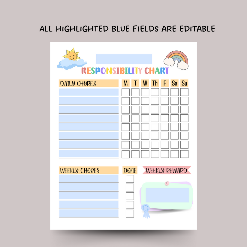 Editable Responsibility Chart For Kids Printable, Chore Chart Daily Ch ...