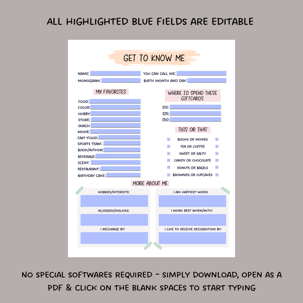 Editable Coworker Questions, Printable All About Me Employee Questionn ...