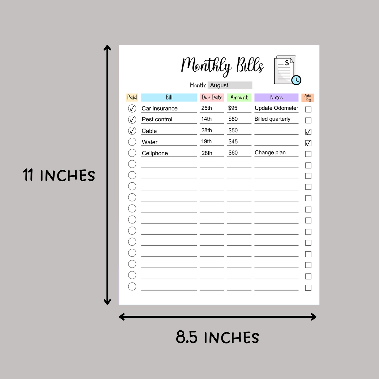 Editable Monthly Bill Tracker, Monthly Bill Log, Payment Checklist Org ...