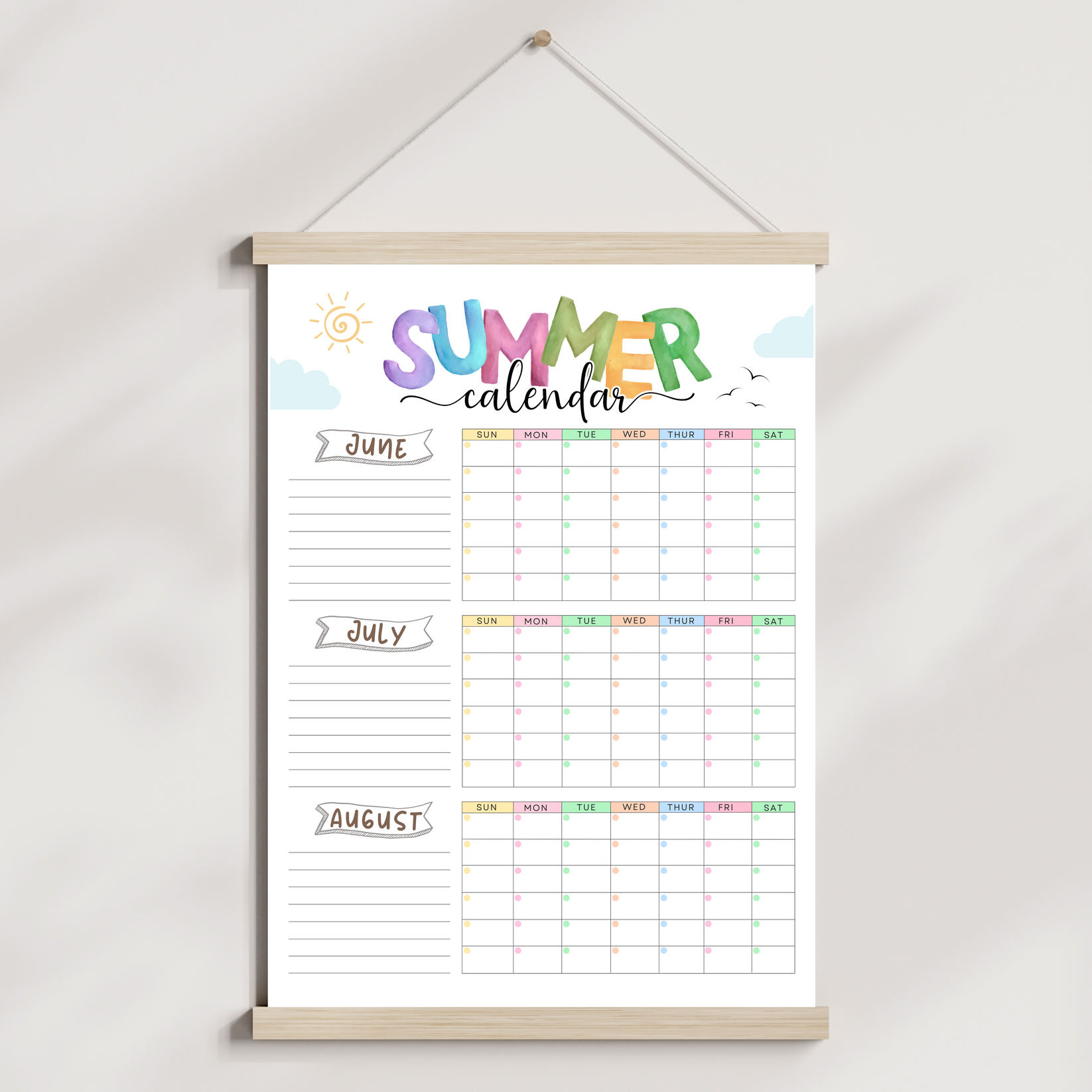 Summer Monthly Calendar Poster Printable, Family Planner Schedule ...
