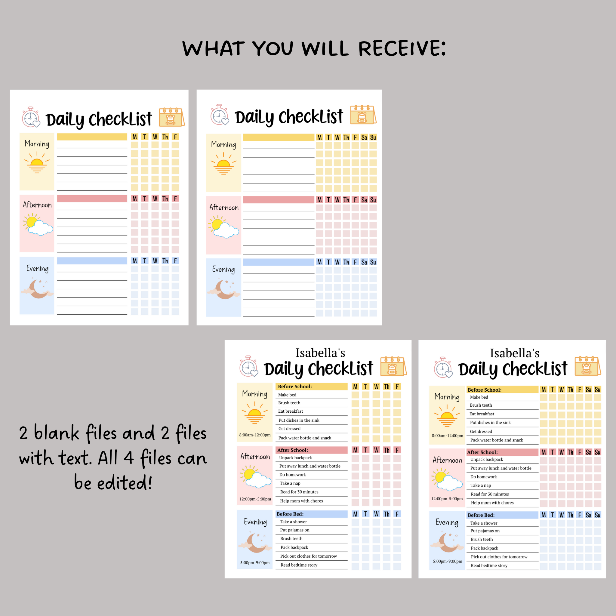 Kids Daily School Checklist Schedule Printable, Editable Chore Chart ...