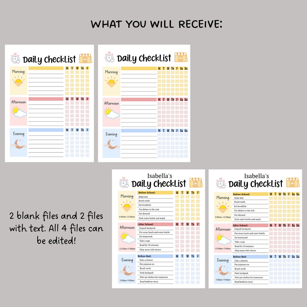 Kids Daily School Checklist Schedule Printable, Editable Chore Chart ...