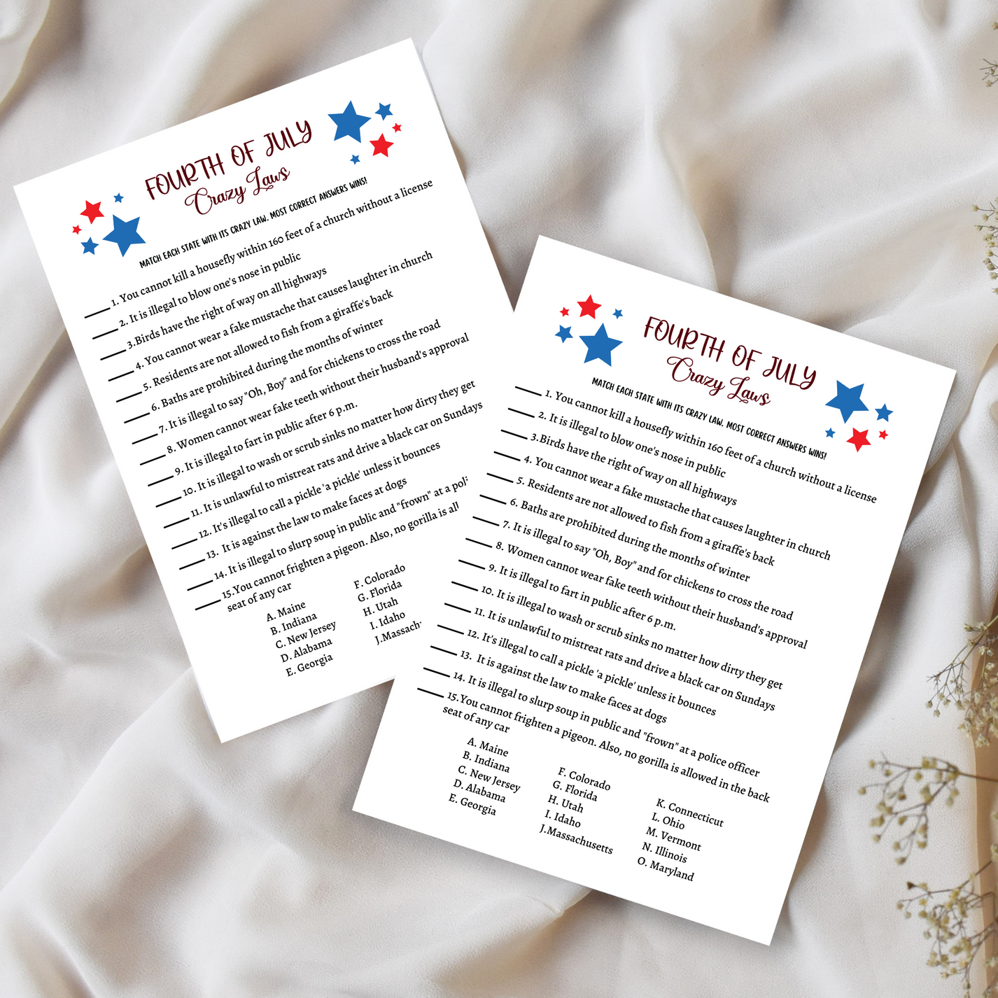 4th of July Crazy Laws Game Printable, Family Trivia Activity Adults ...