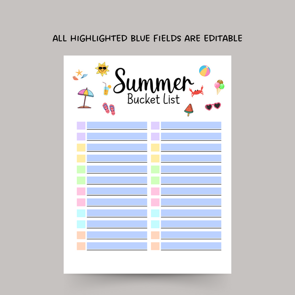 Summer Bucket List Printable, Editable Activities For Kids – Scribbled LLC