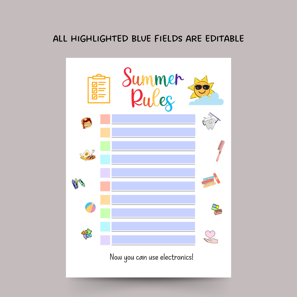 Editable Summer Rules for Kids, Printable Daily Checklist – Scribbled LLC