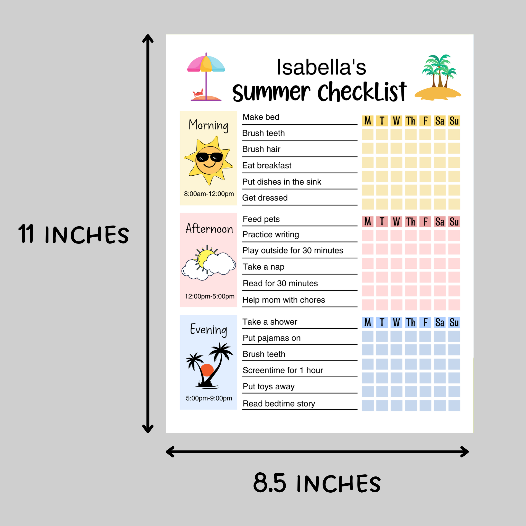 Kids Summer Daily Checklist Schedule Printable, Editable Chore Chart ...