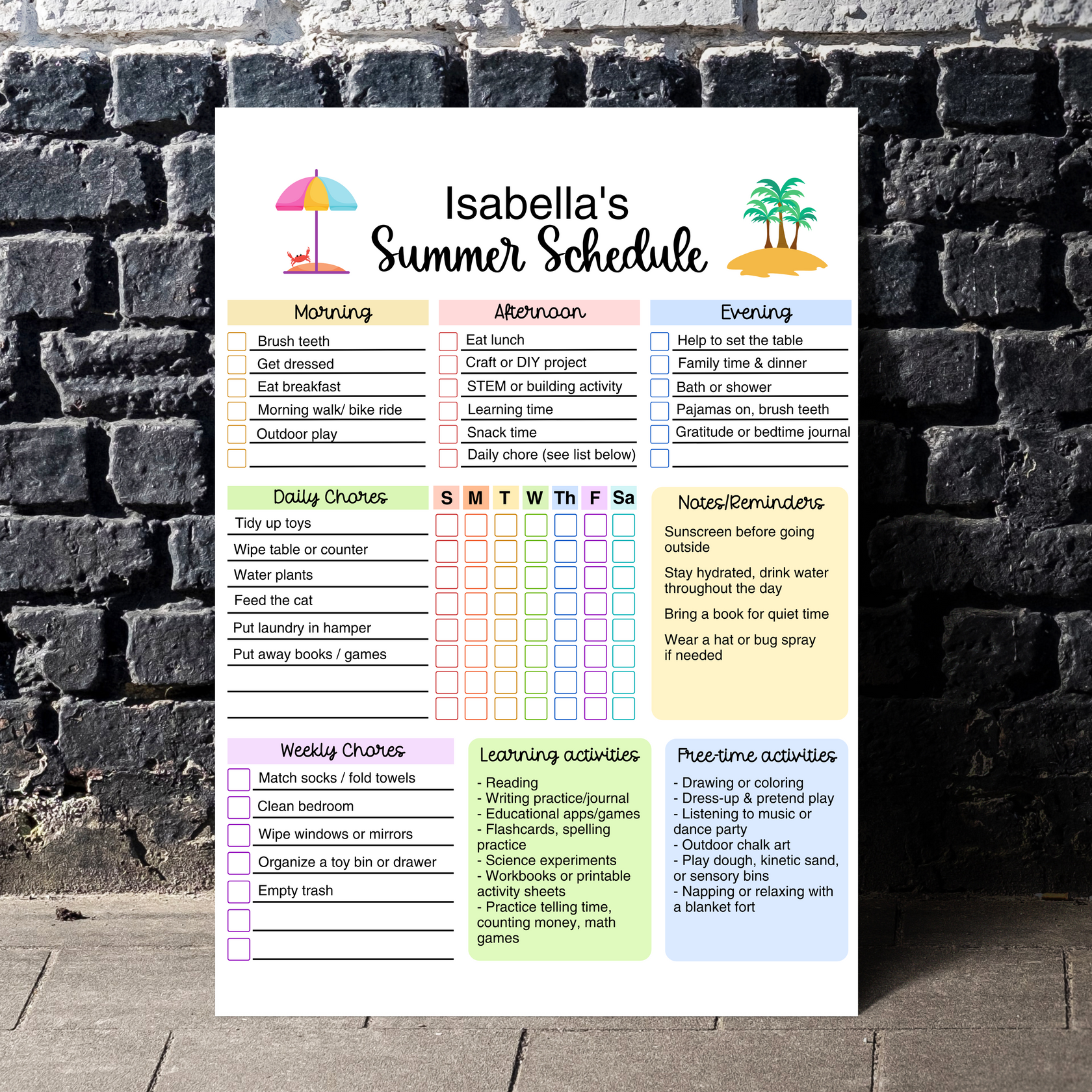 Summer Schedule Routine Chart for Kids Printable Editable Planner ...