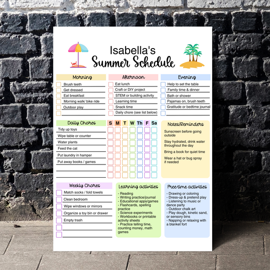 Summer Schedule Routine Chart for Kids Printable Editable Planner ...