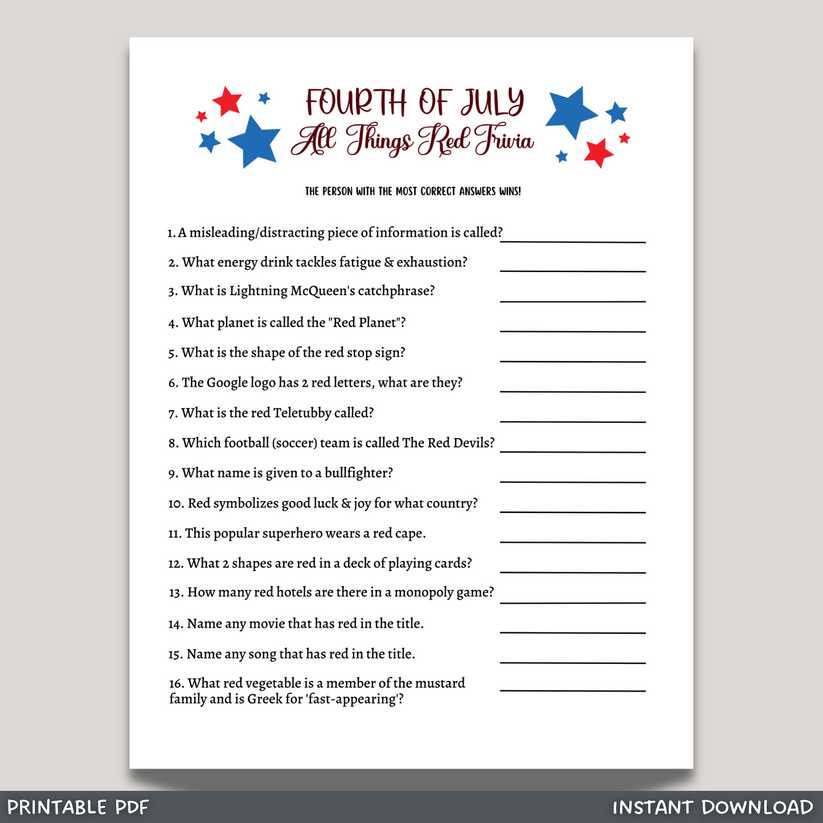 4th of July All Things Red Trivia Game Printable, Family Activity Adul ...