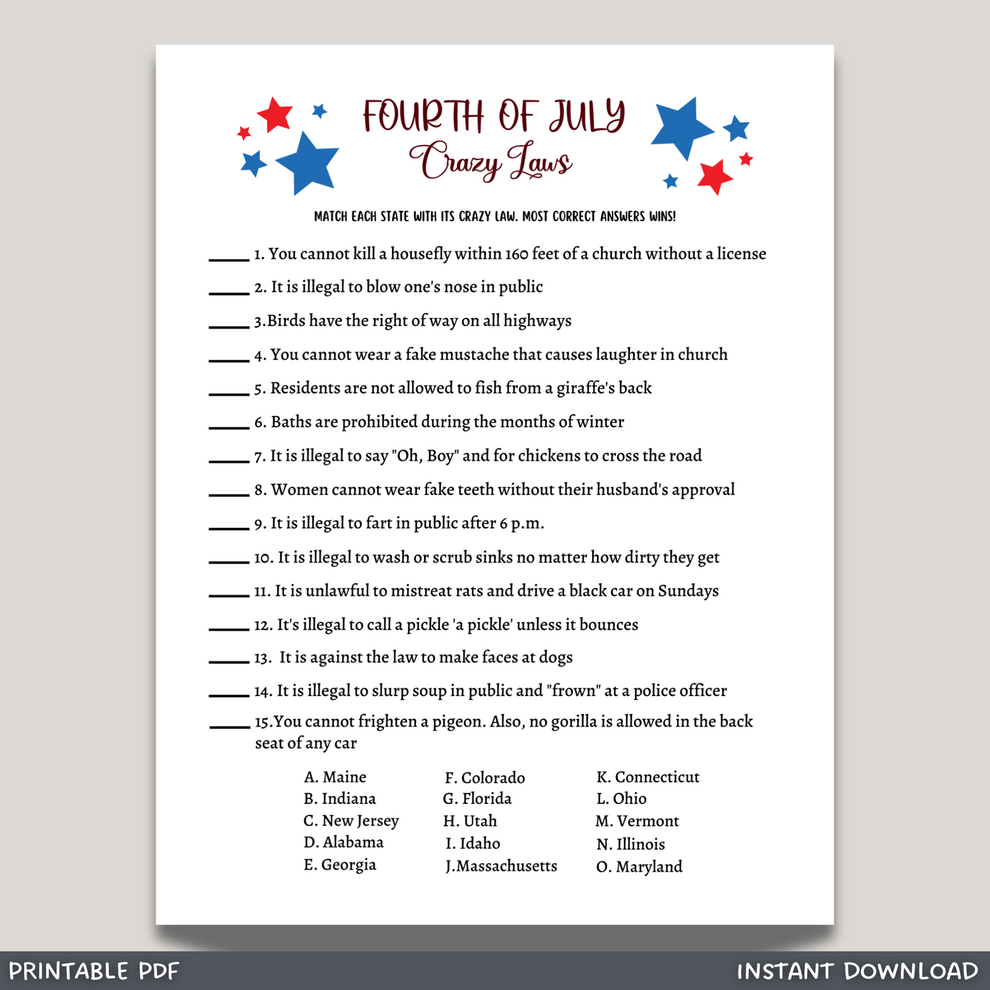 4th of July Crazy Laws Game Printable, Family Trivia Activity Adults ...