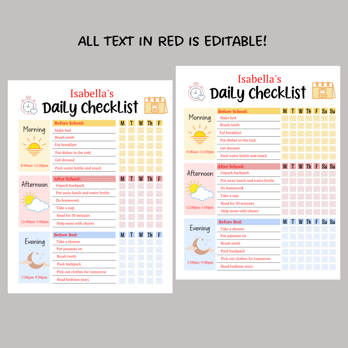 Kids Daily School Checklist Schedule Printable, Editable Chore Chart ...