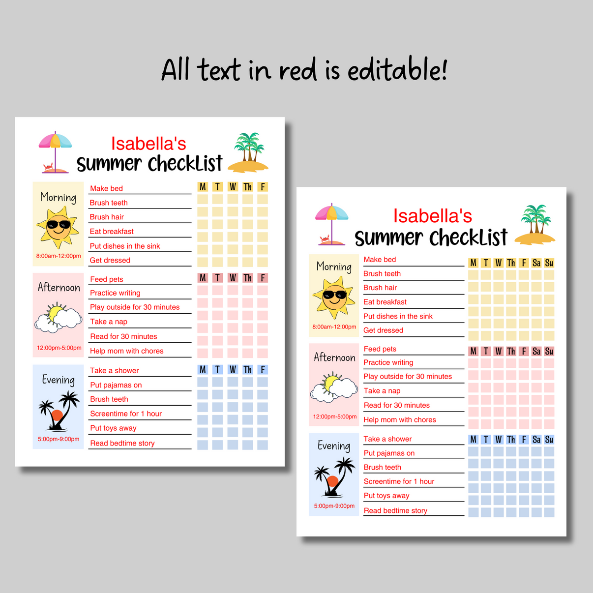 Kids Summer Daily Checklist Schedule Printable, Editable Chore Chart ...
