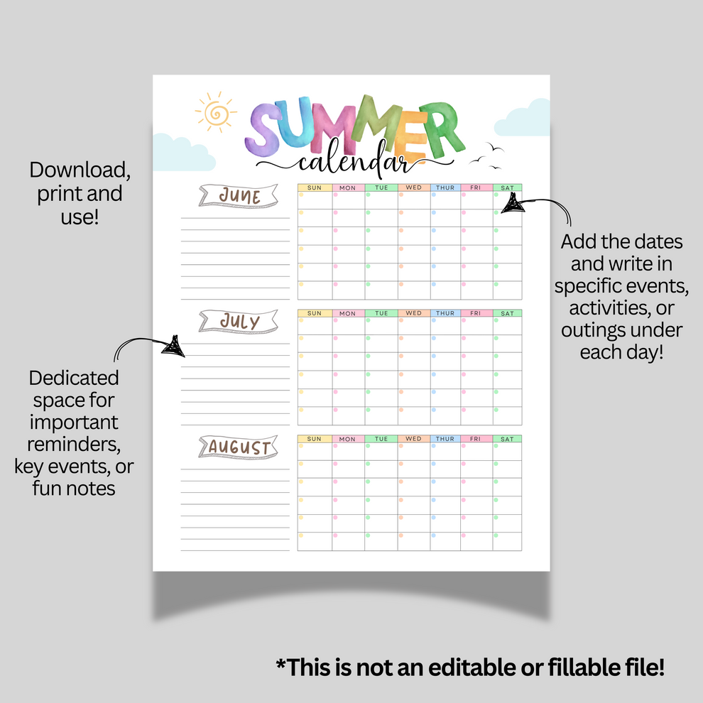 Summer Monthly Calendar Poster Printable, Family Planner Schedule ...