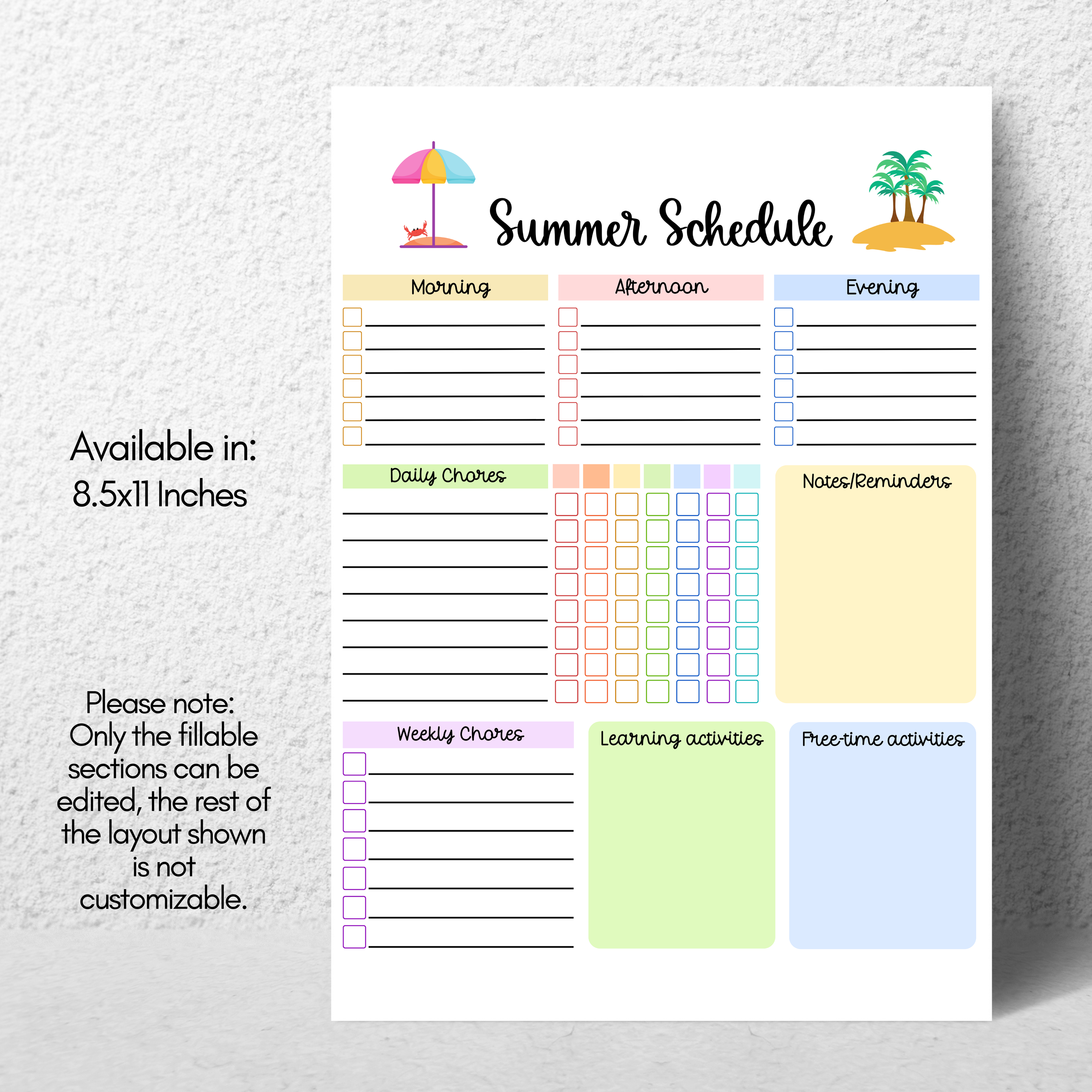 Summer Schedule Routine Chart for Kids Printable Editable Planner ...