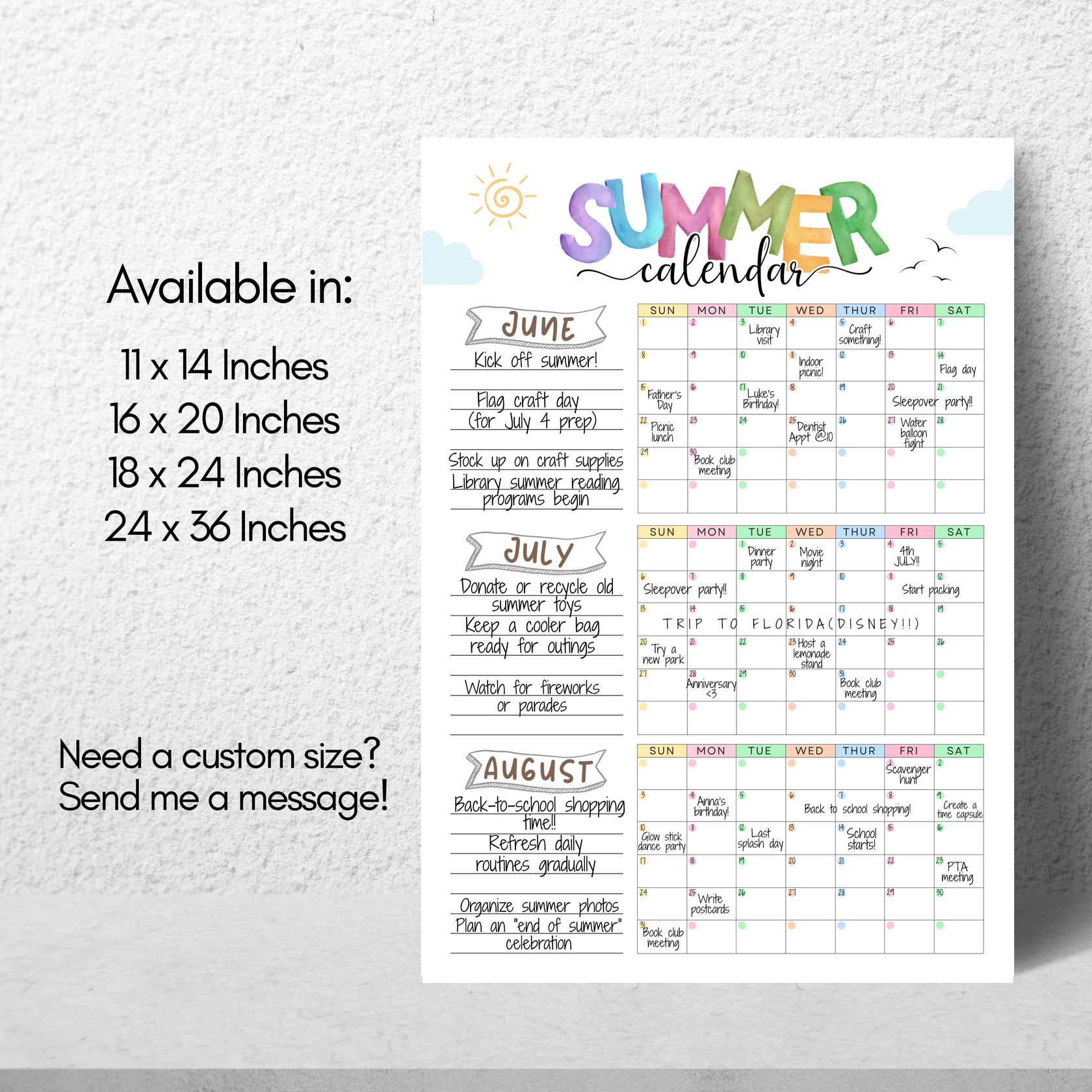 Summer Monthly Calendar Poster Printable, Family Planner Schedule ...